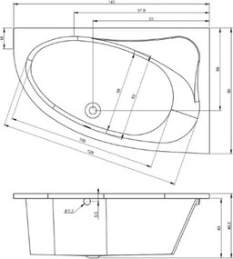 Riho Aryl 140 x 90 cm vana levá akrylátová asymetrická bílá B020001005