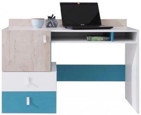 MBLR, PLUTO psací stůl, bílý lesk/dub/modrá