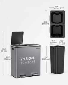 Odpadkový koš s víkem JORDAN 2x30 L šedý/černý