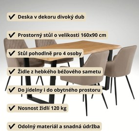 Vikio Jídelní set pro 4 osoby 160x90 cm dub noha U béžová židle s područkami VJS166-4CA