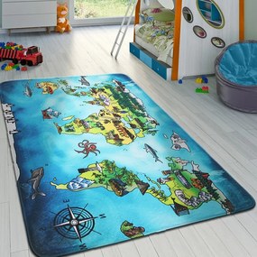 BO-MA, Protiskluzový kusový koberec World map, 110x160, modrá, vícebarevná, dětský pokoj