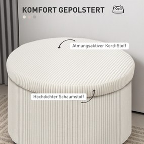 HOMCOM Úložný Ottomanský Sedák s Víkem, Kulatý Polstrovaný Podnožník s Vzhledem Kordu pro Obývací Pokoj, Ložnici 60 x 41 cm Bežová