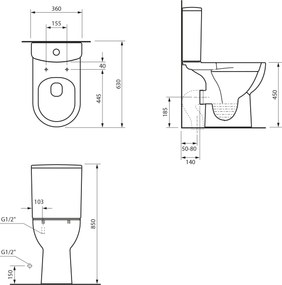 Sapho SANIVEX WC kombi 36 x 63x 45 cm zvýšený sedák Rimless spodní/zadní odpad bílá PC108WR