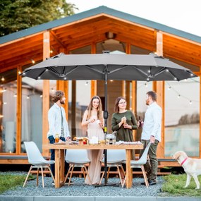 Outsunny Dvojitý slunečník 295x150x219 cm s LED solárními světly, nastavitelné sklopení a manuální klička pro terasu, bazén a pláž, šedý