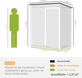 Outsunny kovová zahradní kůlna 1,37 m² — 159 x 106 x 181 cm, posuvné dveře, větrání, šikmá střecha, 2 páry rukavic, snadná montáž — tmavě šedá