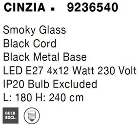 Nova Luce Závěsné svítidlo CINZIA kouřové sklo černý kabel černá kovová základna E27 4x12W