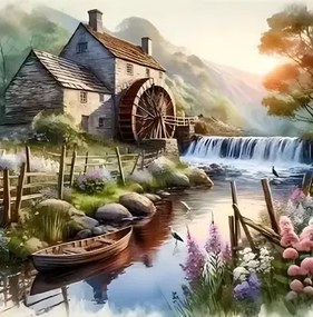 NORIMPEX Diamantové malování Mlýn na řece s loďkou / 30x40 cm