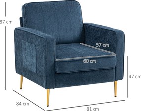 HOMCOM Křeslo s zlatými ocelovými nohami, pohodlná 1místná pohovka, boční kapsy, do obývacího pokoje, kanceláře, ložnice, modrá