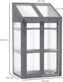 Mini-Gewächshaus, kleines Treibhaus mit Holzrahmen, Fenster und Doppeltür, 3 Regale, 70L x 50B x 120H cm, Grau