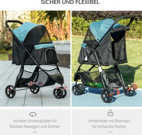 PawHut Kočárek pro psy do 10 kg skládací Bezpečnostní vodítko Rukojeť Kryt proti dešti Úložný koš Modrá + černá
