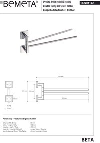 Bemeta Design BETA: Držák ručníků, 450 mm, dvojitý, otočný -