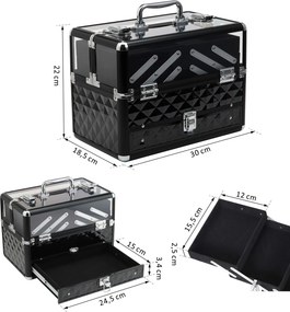 HOMCOM Organizér na make-up a šperky, přenosný, víceúrovňový s rukojetí a skládacími přihrádkami, hliníková slitina, 30x18,5x22 cm, průhledný a černý