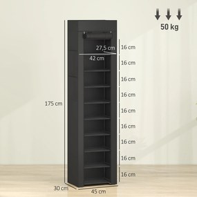 HOMCOM 10patrový úzký kovový botník s ochranným krytem proti prachu – pro 20 párů, 45 × 30 × 175 cm, černý