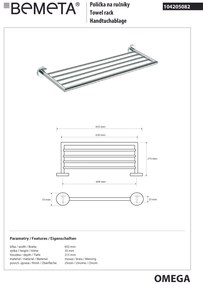 Bemeta Design OMEGA: Držák ručníků, 600 mm -