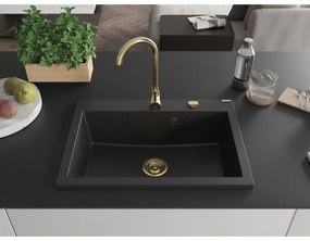 Mexen Elix, 1korový granitový dřez 700 x 500 mm, černá/stříbrná metalíza, zlatý sifon, 6526701005-73-G