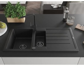 Mexen Andres, granitový dřez 1000x500x200 mm, 1,5-komorový, černá s chromovým sifonem a chromová dřezová baterie Rita, 6515-77-670300-70-B