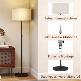 HOMCOM Stojací lampa s dálkovým ovládáním, výškově nastavitelná, látkové stínidlo, kovový stojan, nastavitelná jas, nožní spínač, černá