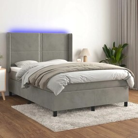 Box Spring Postel S Matrací A Led Samet Světle Šedá Hladké s hřebíky 140