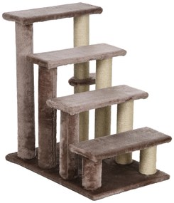 PawHut 4stupňové schody pro kočky se škrabadlem pro domácí mazlíčky do 5 kg, schody pro psy s míčkem na hraní, plyš, hnědá, 60 x 40 x 64 cm | Aosom.de