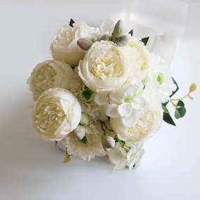 Umělá kytice pivoňek - 5 květů (C) Barva: Bílá