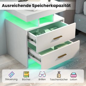Costway Noční stolek s LED osvětlením s 2 zásuvkami – 50 × 40 × 58 cm, bílý