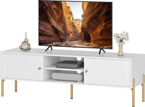 HOMCOM Moderní TV stolek – 2 dveře, 2 otevřené přihrádky, průchod pro kabely, pro TV až 65 palců, 140 x 38 x 45,9 cm, bílá