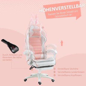 Ergonomická herní židle Vinsetto s bederní podporou, podnožkou a ušima králíčka, polštářkem na hlavu, kancelářská židle s nastavitelnou opěrkou zad R…