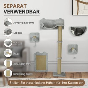 Sada stěnového škrabadla pro kočky PawHut 5 kusů se škrabacími sloupky, houpací sítí, odskokovou platformou, stěnovým škrabadlem a lezeckým stromečke…