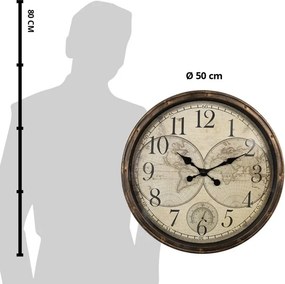 Hnědé nástěnné hodiny Zeměkoule - Ø 50*5 cm / 1*AA