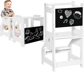 HOMCOM 2v1 Učící Věž Dětský Stolička pro 3+ Let, Převoditelná na Stůl s Tabulí a Bezpečnostním Příčným 42x44x86 cm Bílá
