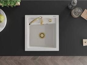 Mexen Vito, granitový dřez 520x490x210 mm, 1-komorový, bílá se zlatým sifonem, 6503521000-20-G