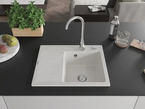 Mexen Ben, 1-komorový granitový dřez 600x500x190 mm, pravý + chromový sifon, bílá, 6523605000-20