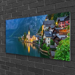 Obraz na skle Hory Městečko Noc Jezero 140x70 cm