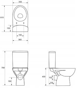 Cersanit Parva, kombi wc s horizontálním odtokem, boční přívod vody a splachováním 3/6L + antibakteriálním sedátkem z doruplastu s pomalým zavíráním, bílá, K27-002