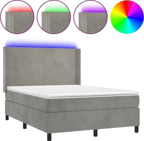 Box spring postel s matrací a LED světle šedá 140x200 cm samet 3139445