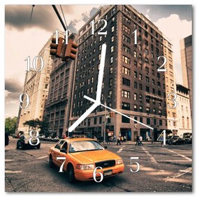 Nástenné skleněné hodiny taxi 30x30 cm