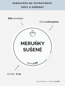 MERUŇKY SUŠENÉ – bílá samolepka na dózu, tučné písmo, 5 cm | DomaLEP
