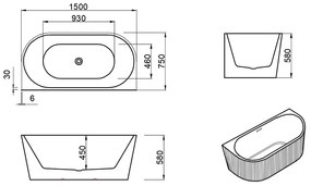 BPS-koupelny Volně stojící akrylátová vana ke stěně HYD-CA517B 150x75 bílá, odtokový komplet chrom