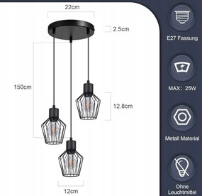 Závěsná lampa lustrová stropní svítidlo na strop černá Led E27 industriální