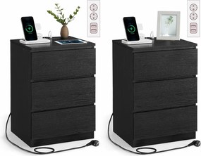 Noční stolek, 2 kusy v sadě, se 2 zásuvkami a 2 USB porty, černý