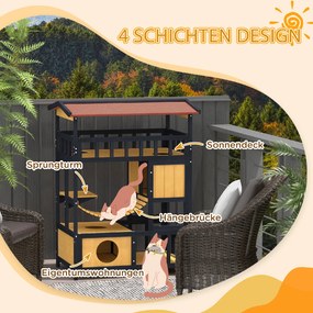 PawHut dřevěný kočičí domek kočičí jeskyně s plošinami, závěsný most, kočičí bouda až pro 2 kočky, vnitřní i venkovní, žlutá barva