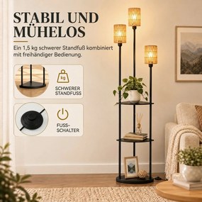 HOMCOM Boho stojací lampa se 3 plameny, stojací lampa s 3 policemi, stínidlo z papírového provazu, černá