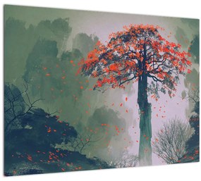 Skleněný obraz osamoceného červeného stromu (70x50 cm)