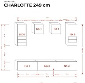 Ral Obývací stěna CHARLOTTE 2, 249 cm - Černý lesk