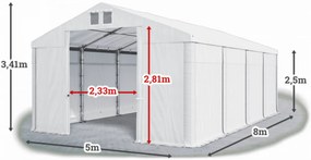 Garážový stan 5x8x2,5m střecha PVC 560g/m2 boky PVC 500g/m2 konstrukce ZIMA Šedá Bílá Bílé
