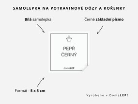 PEPŘ ČERNÝ - omyvatelná samolepka na kořenky, výběr rozměrů Ø 5 cm / 5 x 5 cm / 6 x 8 cm | DomaLEP tvar: KOLEČKO, barva: BÍLÁ - ČERNÉ písmo, velikost: Ø 5 cm - tučné písmo