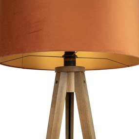Dřevěná stojací lampa s oranžovým stínidlem a zlatým vnitřkem 50 cm - Tripod Classic