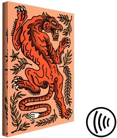 Obraz Červený tygr (1-dílný) - divoká kočka mezi listy na lososovém pozadí