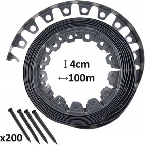 Zahradní lem trávníku černý 4 cm 100 m pružný 200 ks kolíků