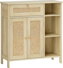 HOMCOM Bufetová skříňka, úložný nábytek, 2 ratanové dvířka, zásuvka, otevřené police, nastavitelné police, 75x30x79,5 cm, přírodní dřevěný efekt
